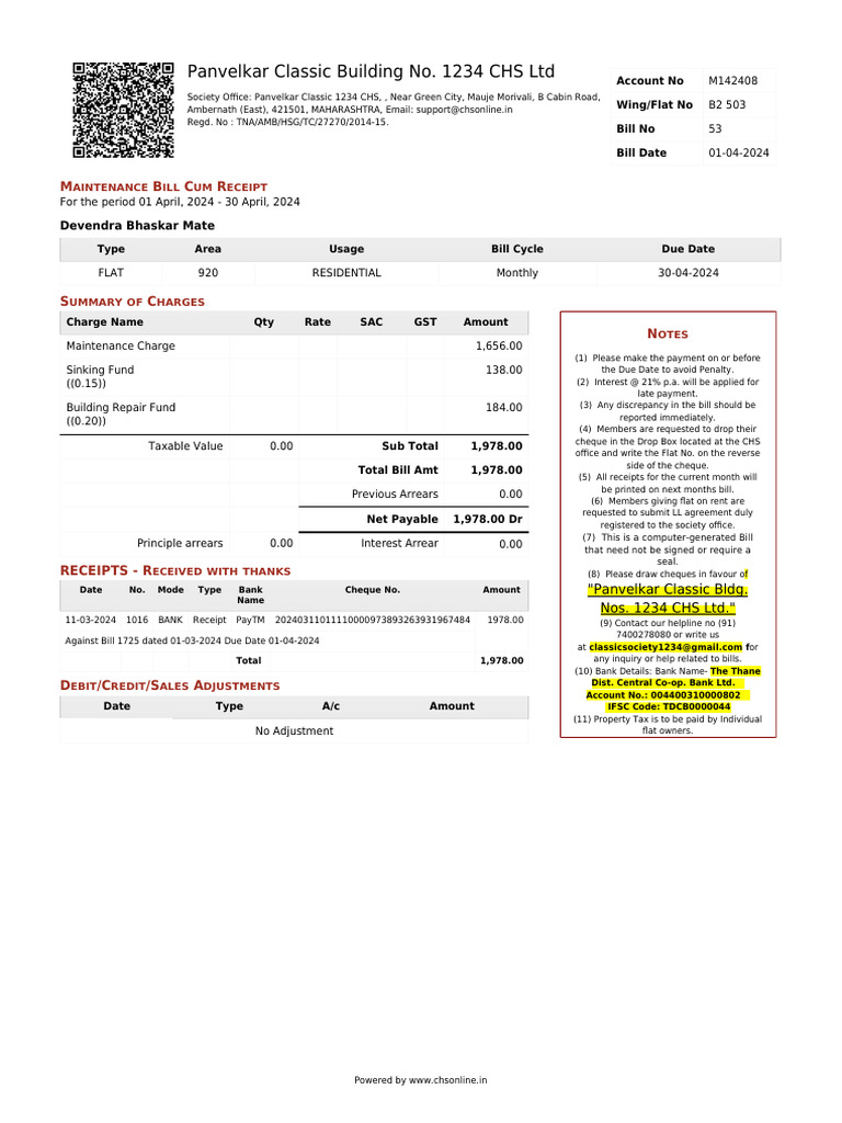 Panvelkar Classic CHS Maintenance Bill | PDF | Cheque | Receipt