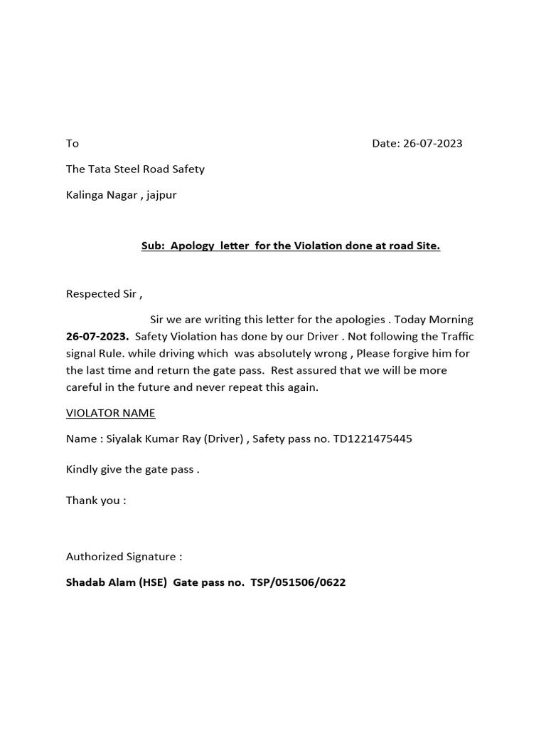 Apology Letter | PDF | Transport Safety | Road Safety