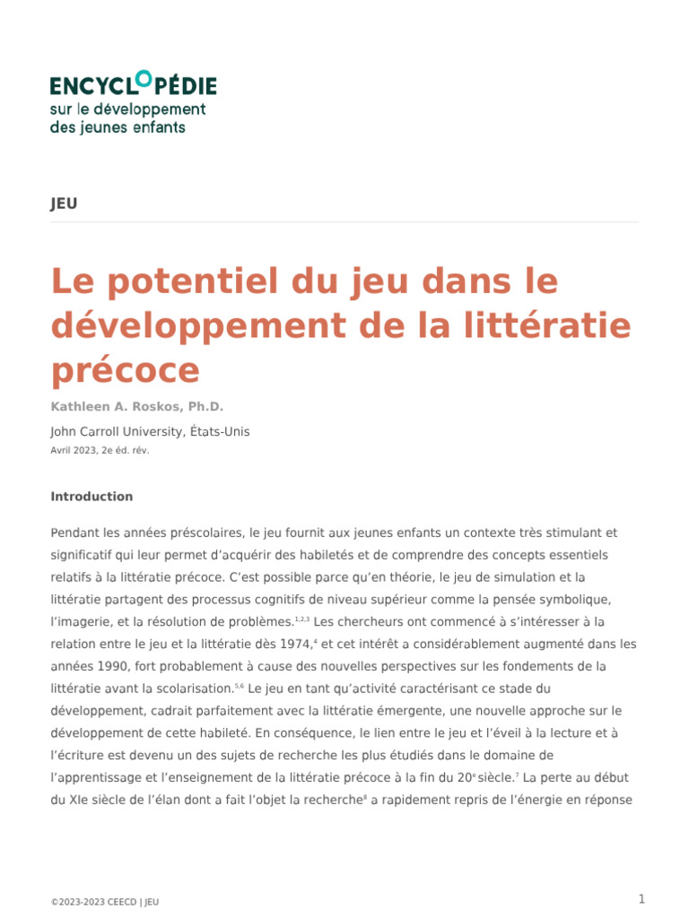 Le Potentiel Du Jeu Dans Le Developpement de La Litteratie Precoce ...