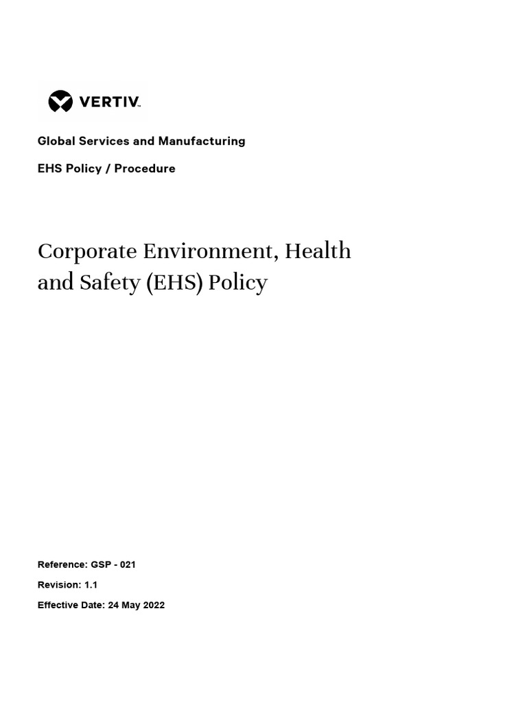 Vertiv Corporate EHS Policy Overview | PDF | Occupational Safety And ...
