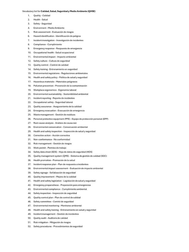 Vocabulary list for Calidad | PDF | Economias | Business