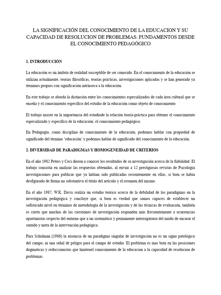 La Significación Del Conocimiento de La Educacion y Su Capacidad de Resolucion de Problemas ...