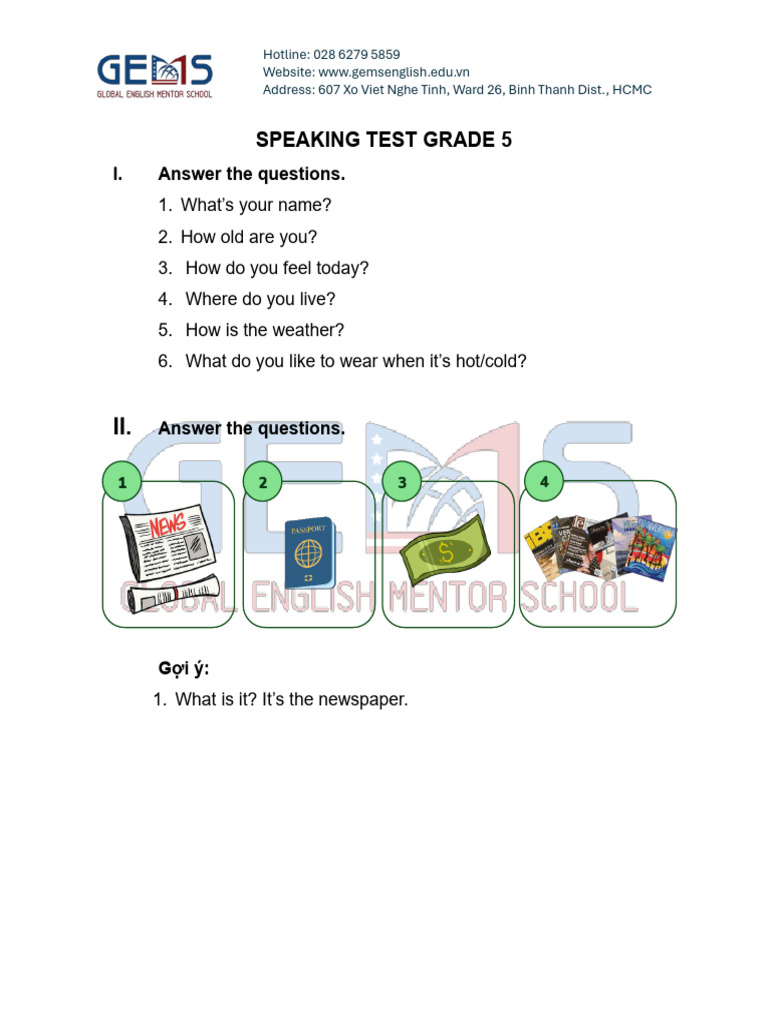 Speaking Test Grade 5 | PDF