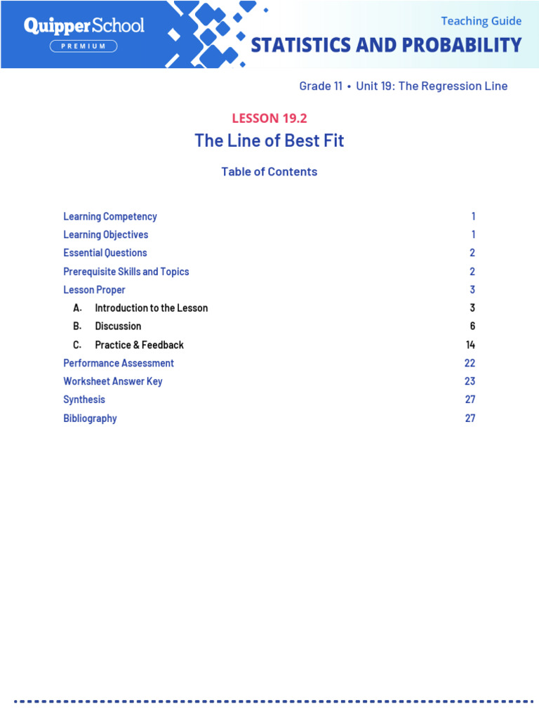 Grade 11: Line of Best Fit Lesson | PDF | Coefficient Of Determination ...