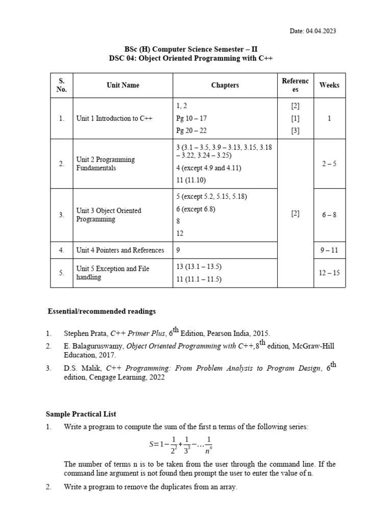 Guidelines For Cs H Dsc04 Object Oriented Programming With C Pdf String Computer 1827