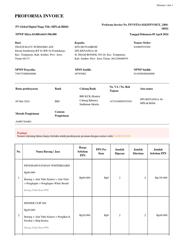 Proforma Invoice S10005919365 | PDF