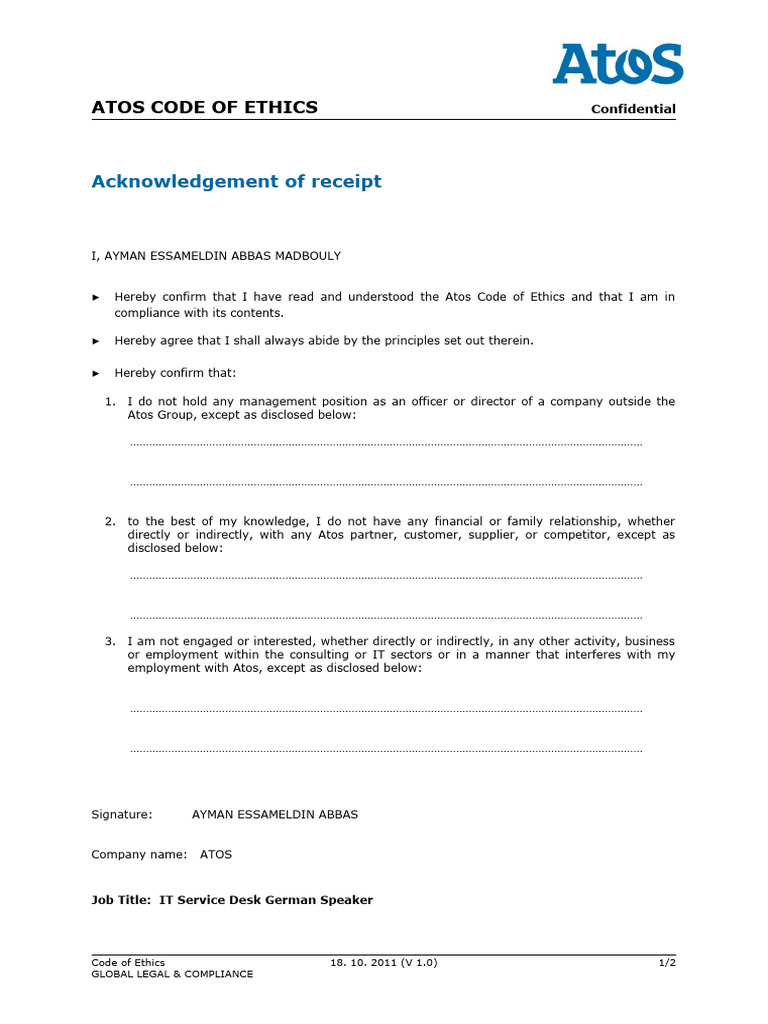 Atos Code of Ethics Acknowledgment Form | PDF
