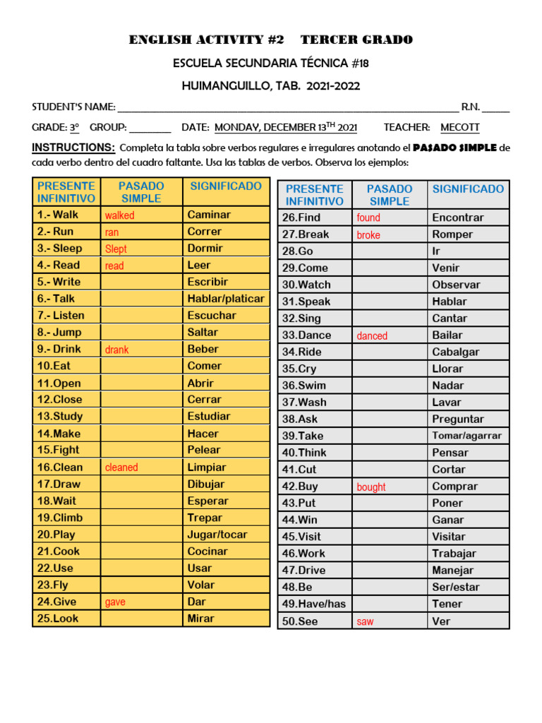 3° Grado #2 ENGLISH ACTIVITY - Pasado Simple | PDF | Linguistic Morphology | Semantic Units