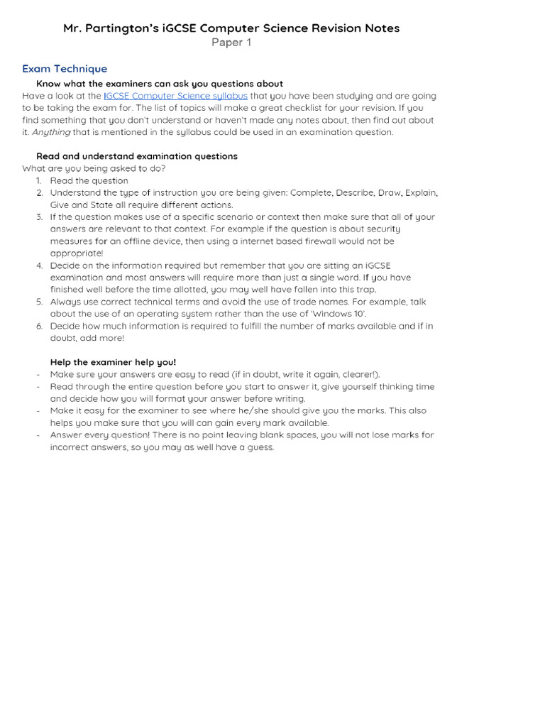 IGCSE Computer Science Paper 1 Revision Notes | PDF IGCSE Computer Science Paper 1 Revision Notes | PDF
