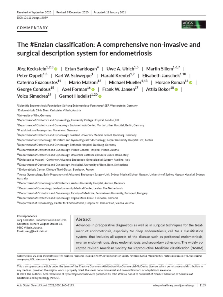 Enzian Classification for Endometriosis 2021 | PDF | Rectum | Medical ...