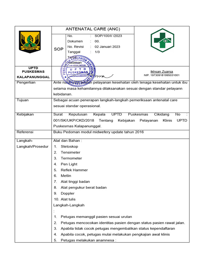 4.2.1.d SOP ANC Terpadu Kalapanunggal | PDF | Kesehatan Holistik | Sains & Matematika