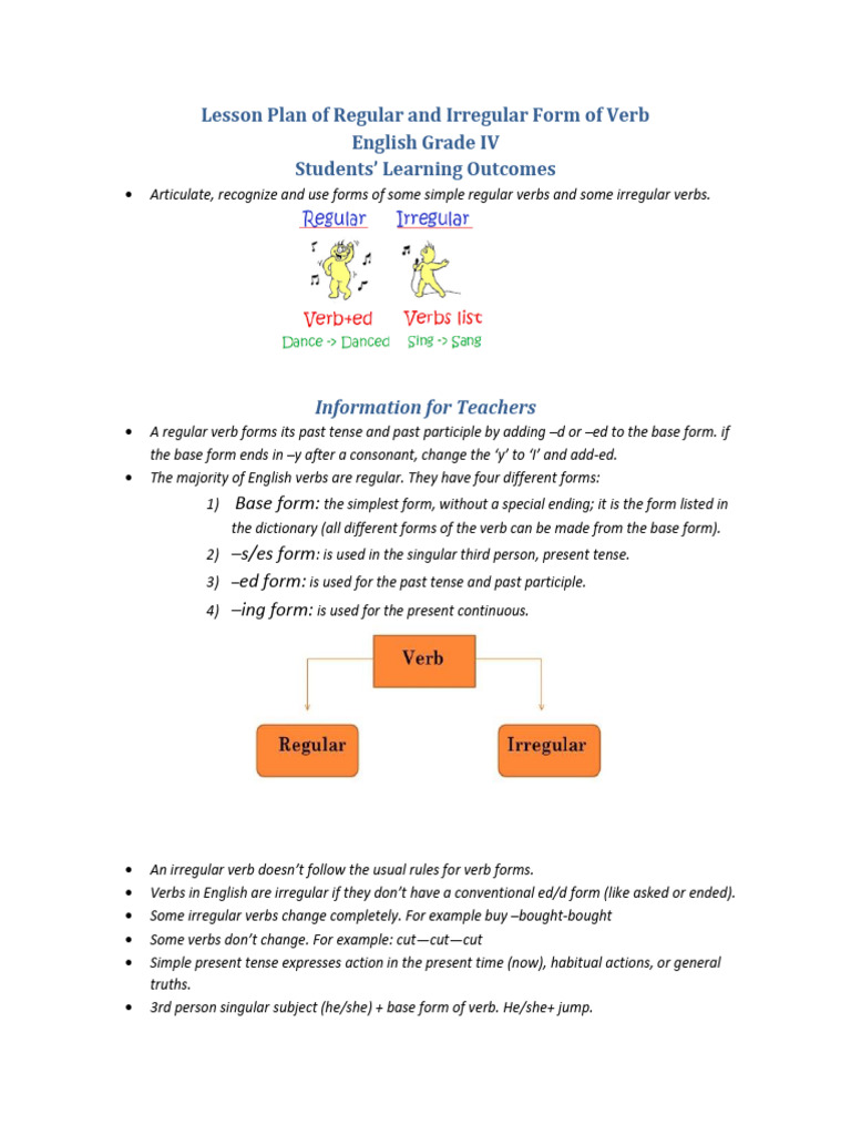 Regular and Irregular Verbs Lesson Plan | PDF | Grammatical Tense | Verb