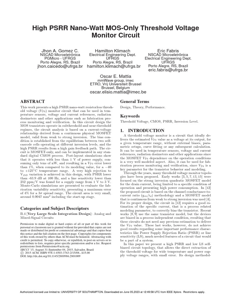 High PSRR Nano-Watt MOS-only Threshold Voltage Monitor Circuit | PDF ...