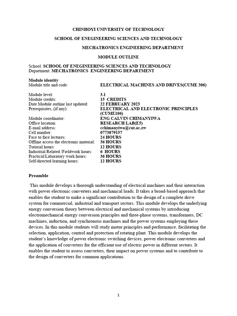 CUME 306 Course Outline | PDF | Power Electronics | Electric Motor