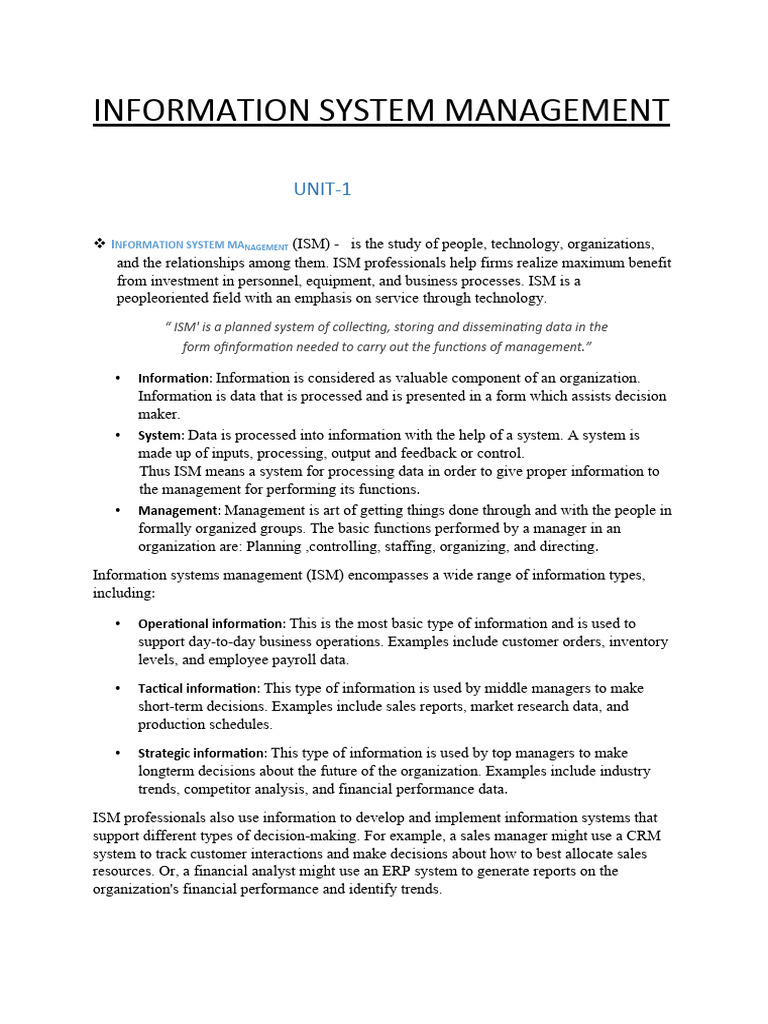 INFORMATION SYSTEM MANAGEMENT (Unit-1) | PDF | Information ...