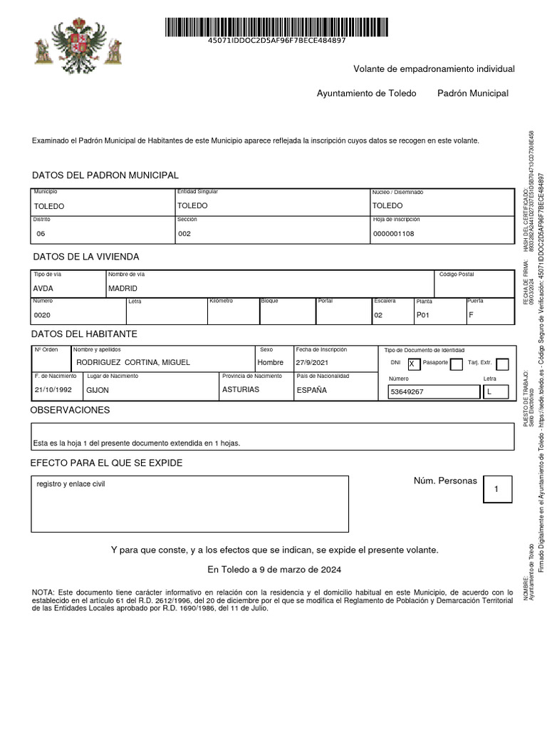 Certificado Empadronamiento | PDF | Documento de identidad | Gobierno y ...