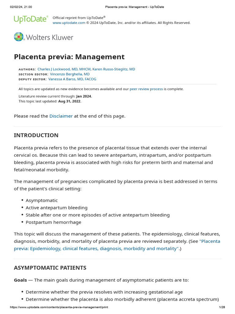 Placenta Previa Management | PDF | Childbirth | Preterm Birth