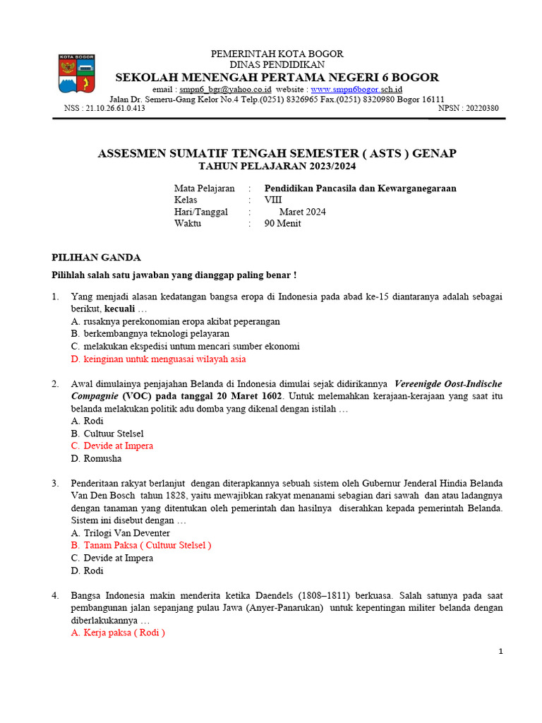Cetak Soal Asts Genap PPKN Kls 8 TP 2023-2024 | PDF