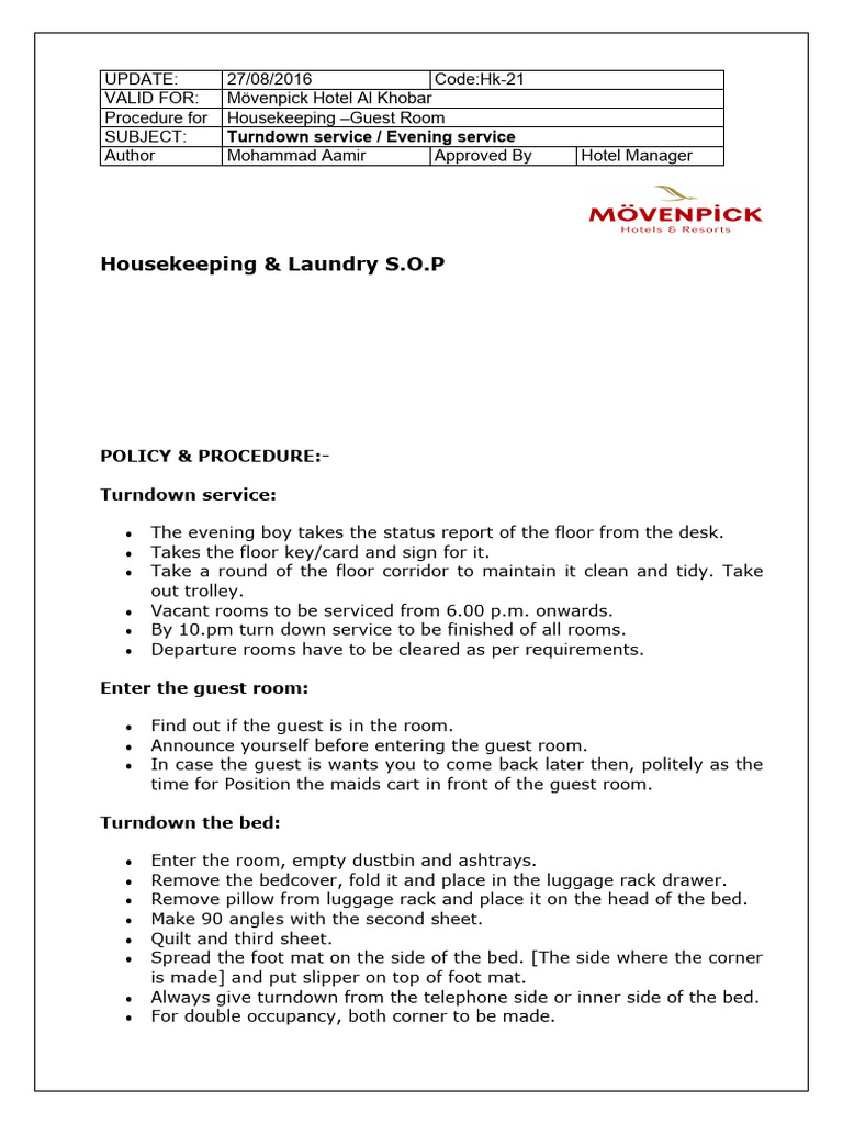 Evening Turndown Service Procedure | PDF | Home