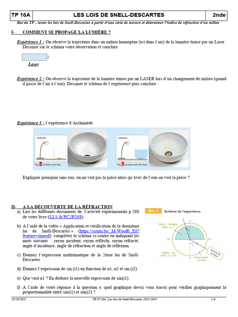 TP NÂ°16A Les Lois de Snell-Descartes 2023 2024 | PDF | Réfraction ...