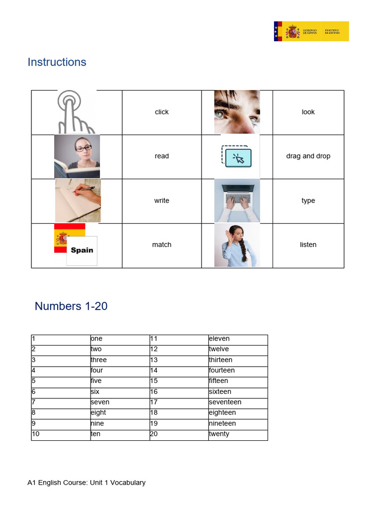 A1 U1 Vocabulary - Instructions and Numbers 1-20 | PDF
