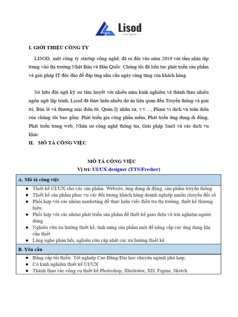 JD UI - UX Designer TTS - Fresher | PDF