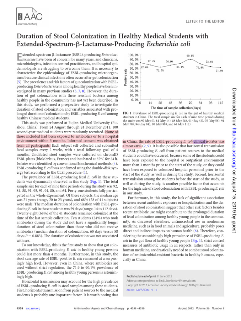 Duration of Stool Colonization in Healthy Medical Students with ...