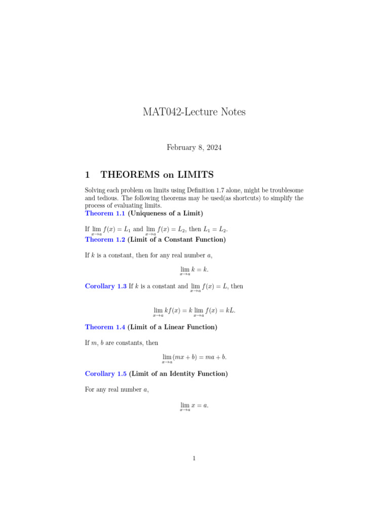 MAT042-Theorems-on-Limits | PDF | Function (Mathematics) | Complex Analysis