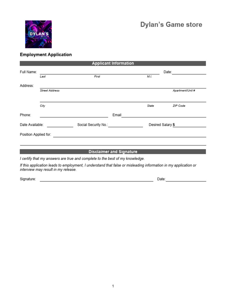 Dylan's Game Store Employment Application | PDF