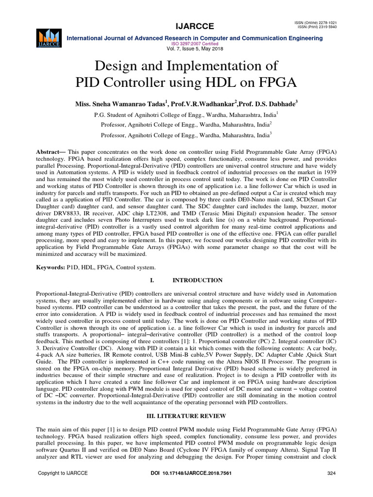 Design And Implementation Of Pid Controller Using Hdl On Fpga Pdf Field Programmable Gate 5069