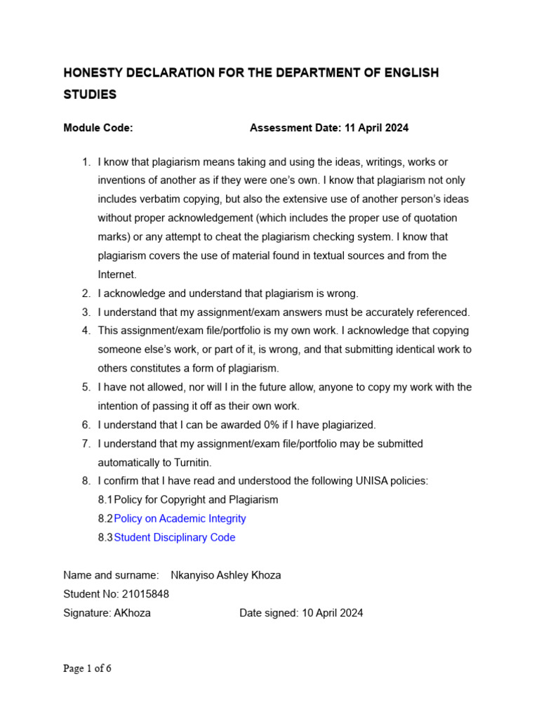 Declaration Form 1 | Download Free PDF | Plagiarism | Disability