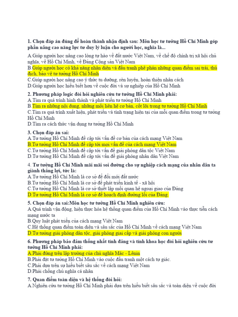 (Gưi SV) Cau Hoi Trac Nghiem TTHCM - On Tap Giua Ky | PDF