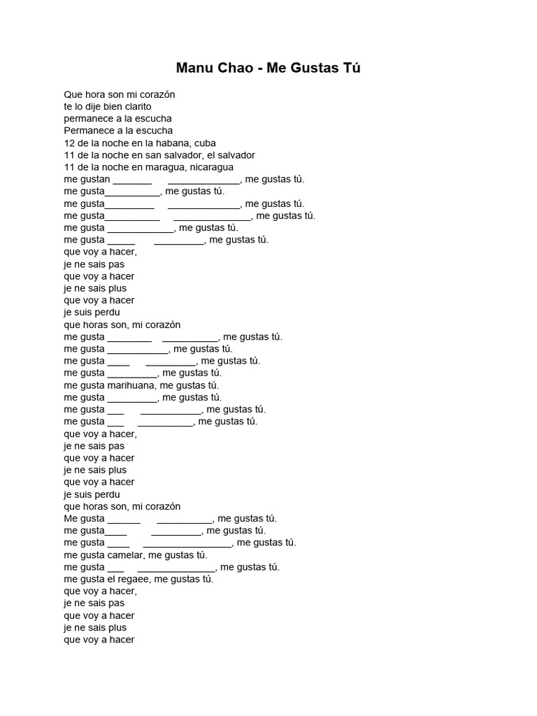 Manu Chao Me Gustas Tu | PDF | Cocina, comidas y vino