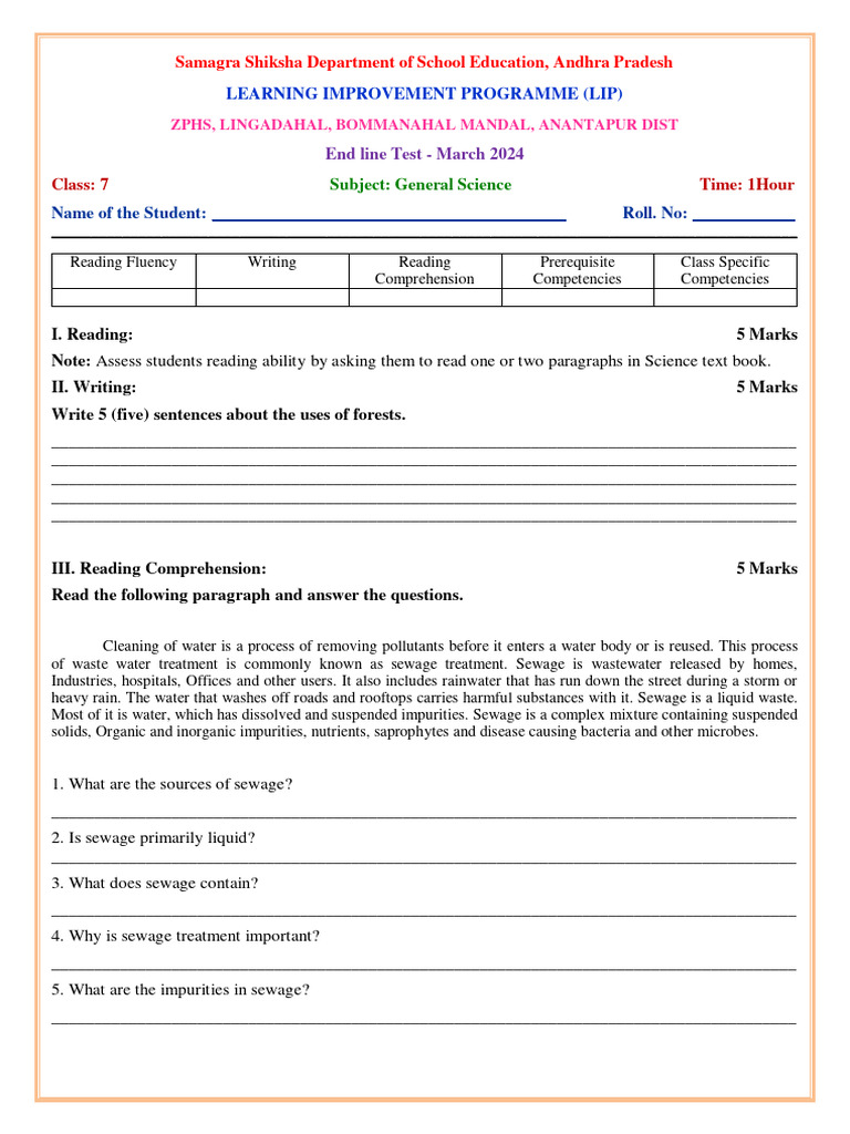 LIP Class 7 Endline Test General Science. | PDF | Sewage Treatment | Water