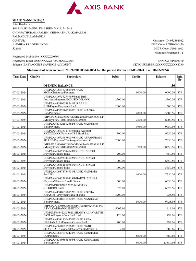 Axis Bank Statement: March 2024 | PDF | Banks | Debit Card