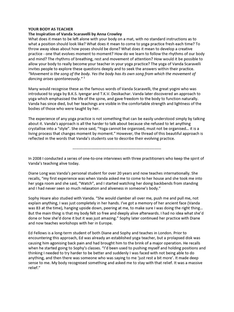 Exploring Vanda Scaravelli's Yoga Insights | PDF | Asana | Feeling