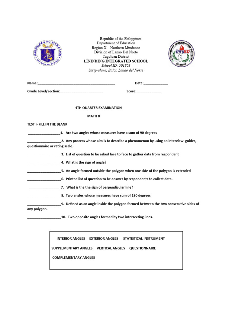 4th Quarter Math 8 | PDF | Angle | Questionnaire