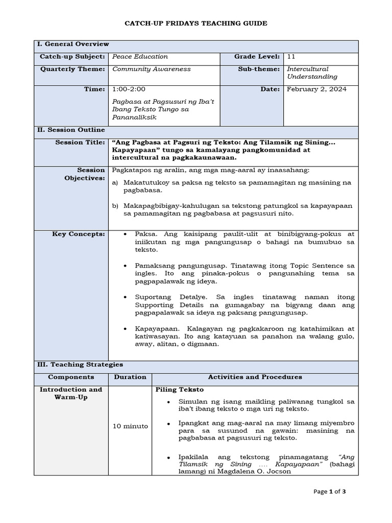 Teaching Guide Catchup Pagbasa | PDF