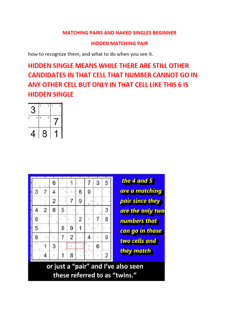 6 - The Matching Pair and Naked Singles - Beginner Sudoku Strategies - Full-HD | PDF
