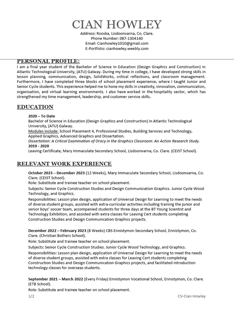 Cian Howley's Teaching CV | PDF | Schools | Lesson Plan