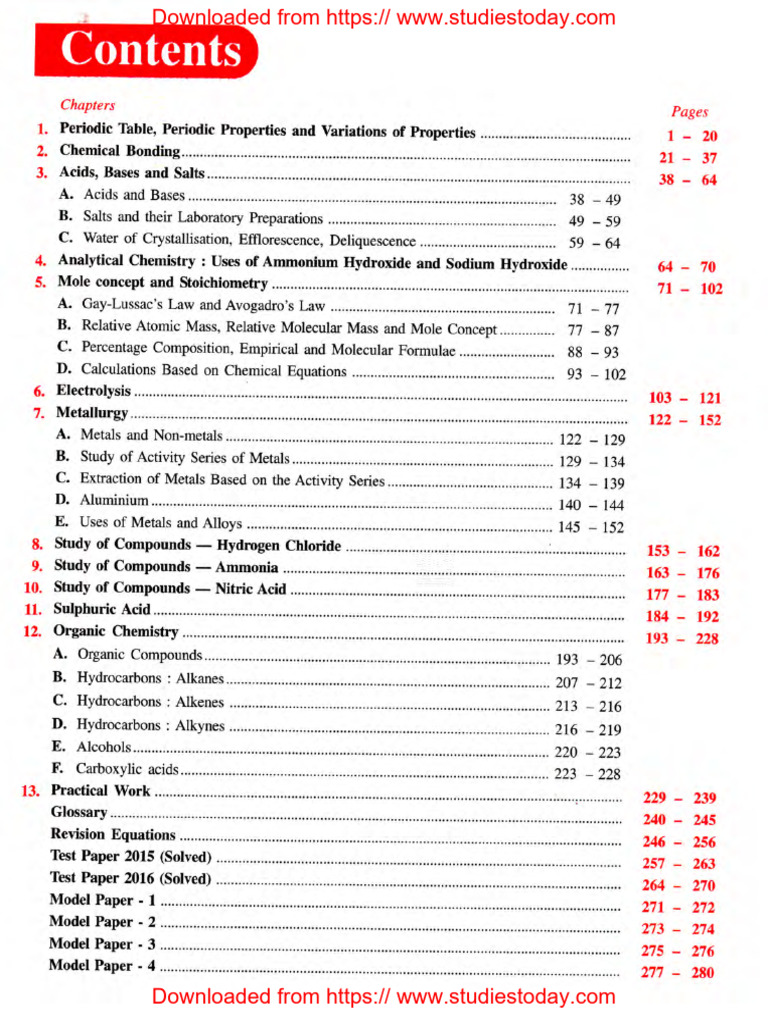 ICSE Class 10 Chemistry Selina Contents | PDF