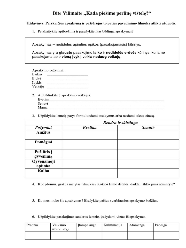 Lietuvių Literatūros Pamoka. Perlinės-Visteles - Uzduotis 6-7 Kl. | PDF