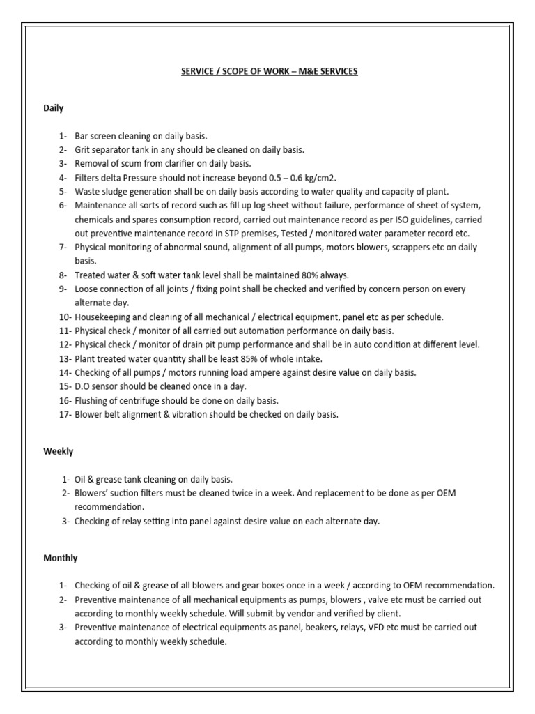 Service & Scope Of Work – M&E Services | PDF | Pump | Water