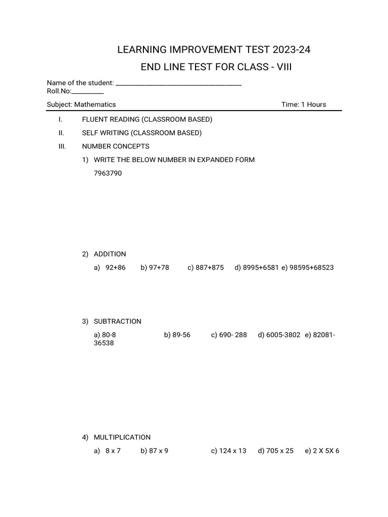 End Line Test for Class VIII Mathematics | PDF | Teaching Methods ...