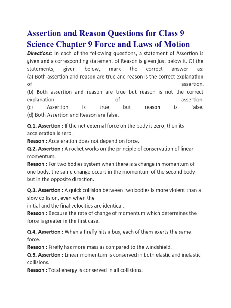 Class 9th Chapter Force and Laws of Motion Assertions - Reason | PDF ...