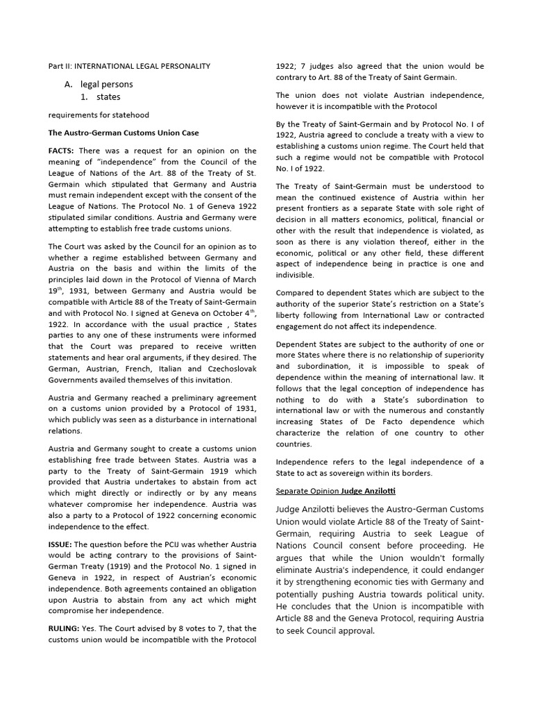 Austro-German Customs Union Ruling | PDF | Treaty | International Law