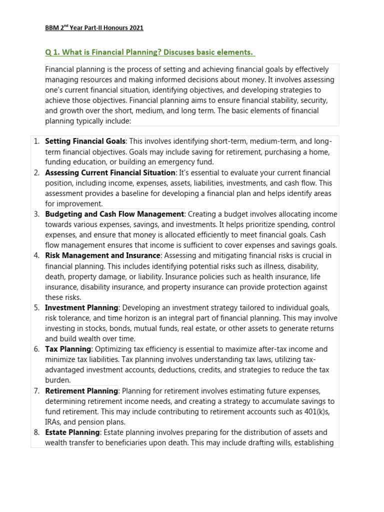 Q 1. What Is Financial Planning? Discuses Basic Elements.: BBM 2 Year ...