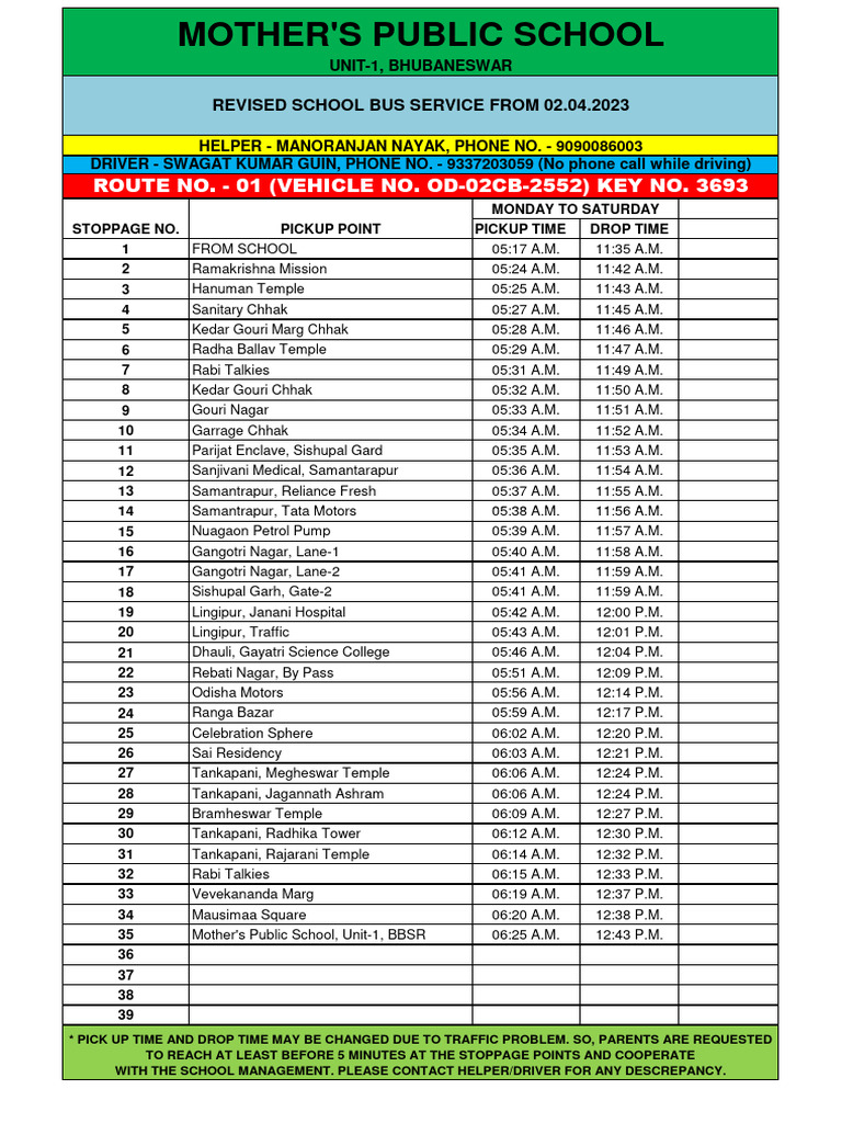 Mother's Public School Bus Service For Summer Session W.E.F. 02.04.2024 ...