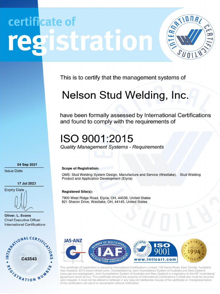 Nelson ISO 9001 Certificate | PDF