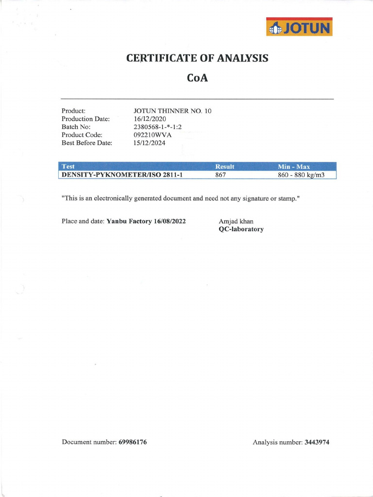 Btach Certificate Jotun Thinner 10 | PDF